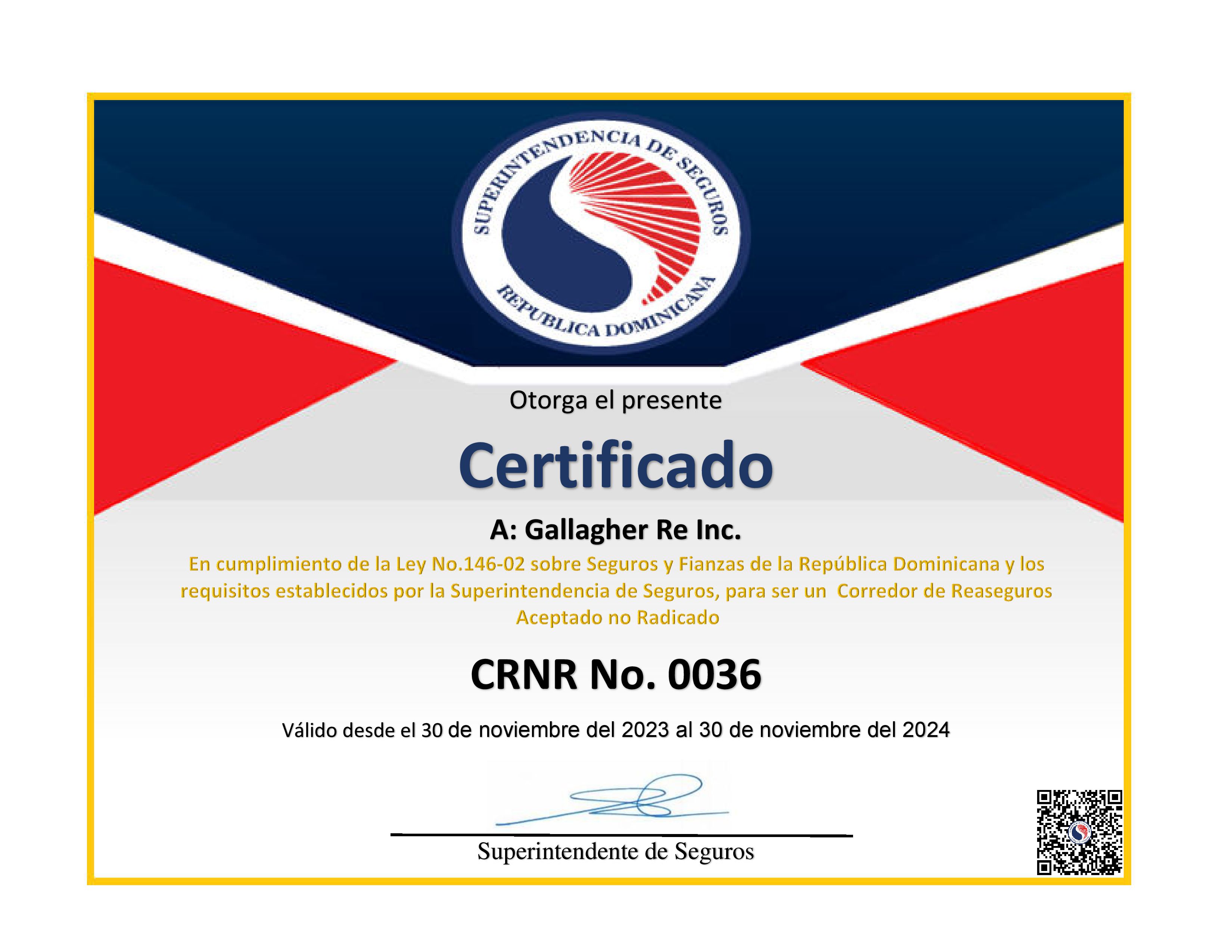 Gallagher Re Inc. – Certificados